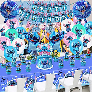 Stitch Party Supplies, 103PCS Birthday Decorations Set Include Banner, Balloons, Stickers, Hanging Swirls, Cake Cupcake Toppers, Tablecloth for Boys Girls Stitch Theme Party