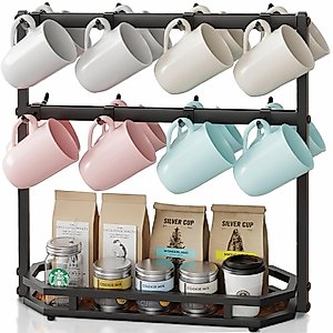 Ronjnndc Coffee Mug Holder with Movable Hooks,16 Capacity Coffee Cup Holder for Countertop, Metal Mug Tree Holder Rack with Storage Base,Home Storage Mug Organizer adjustable Heights (Black)