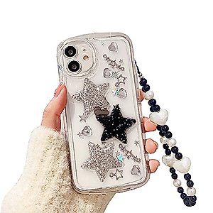 Faneiy for iPhone 11 Case with Phone Charm Chain Accessories Cute 3D Sparkle Shiny Stars Rhinestone Clear Phone Case Women Girl Aesthetic Camera Protection Shockproof Case for iPhone 11-6.1''