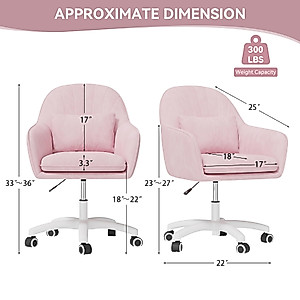 Nalupatio Home Office Chair,Swivel Height Adjustable Upholstered Velvet Computer Task Chair, Vanity Makeup Chair with Wheel&Pillow,Mid-Back Modern Accent Chair for Bedroom Reading Room,Light Pink