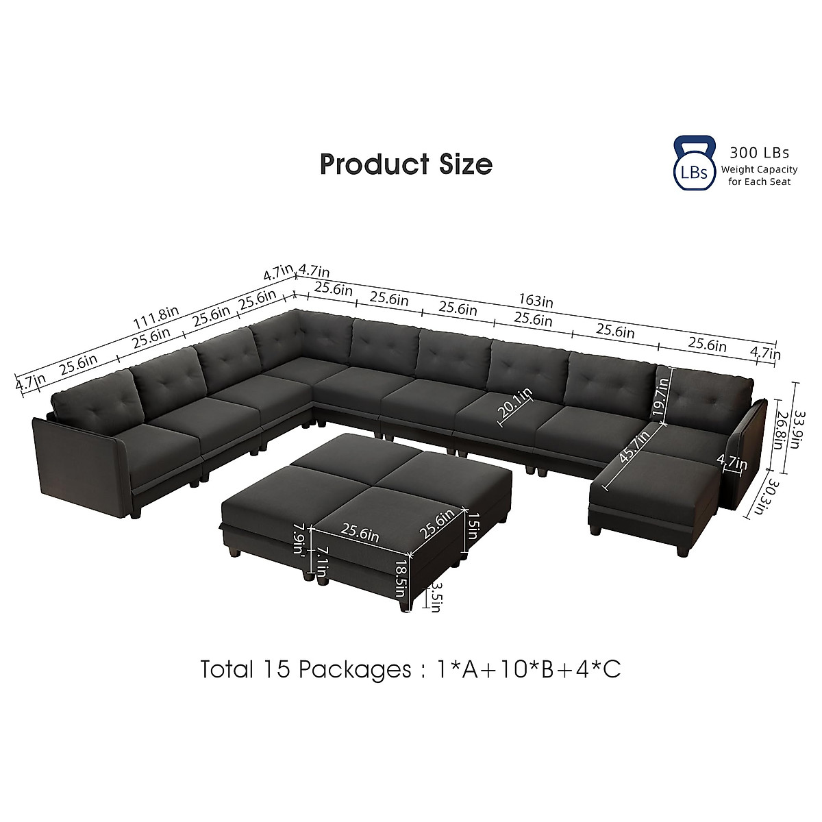 LLappuil Modular Sectional Sofa with Storage Oversized U Shaped Couch with Reversible Chaise Luxury Velvet Sofas for Living Room 10 Seats with 4 Ottomans Denim Black Grey