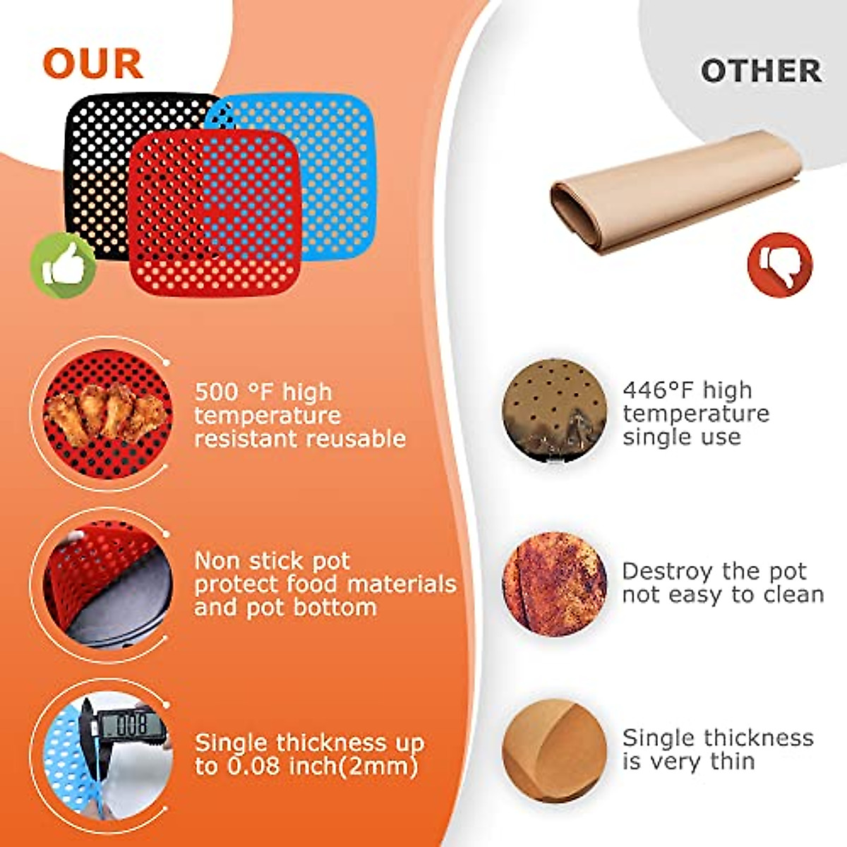 Reusable Air Fryer Silicone Liners Set, 8.5in Non Stick Perforated 5.8qt Air Fryer Accessories with Magnetic Cheat Sheet Deep Fryer Parts Replace Parchment Paper Easy Clean, 3 Pcs Square