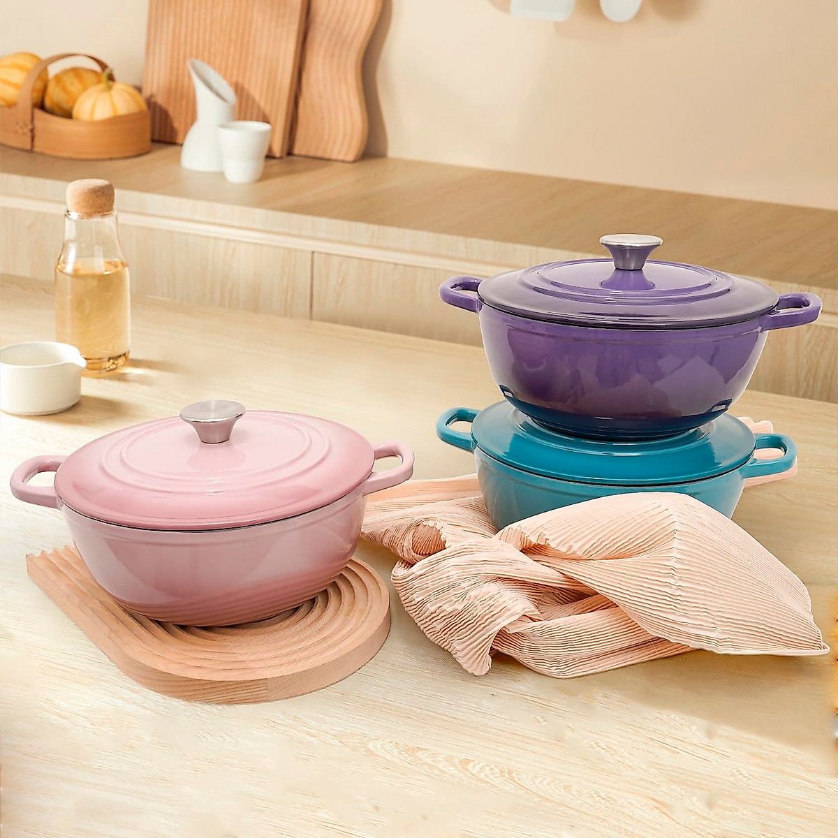 Flavehc Dutch Oven Pot with Lid 4.8 qt Cast Iron Dutch Oven for Bread Baking Pink Enameled Cast Iron Dutch Oven with Handels