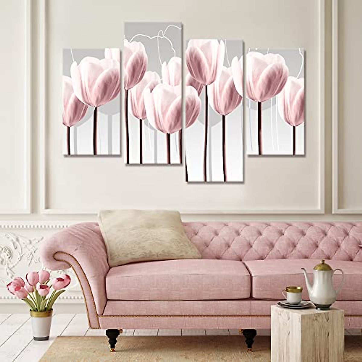 Floral Canvas Wall Art,Canvas Print Pink Tulips for Wall Decor, Framed and Stretched 4 Panels Elegant Flowers Canvas Prints (01 Pink Tulip)