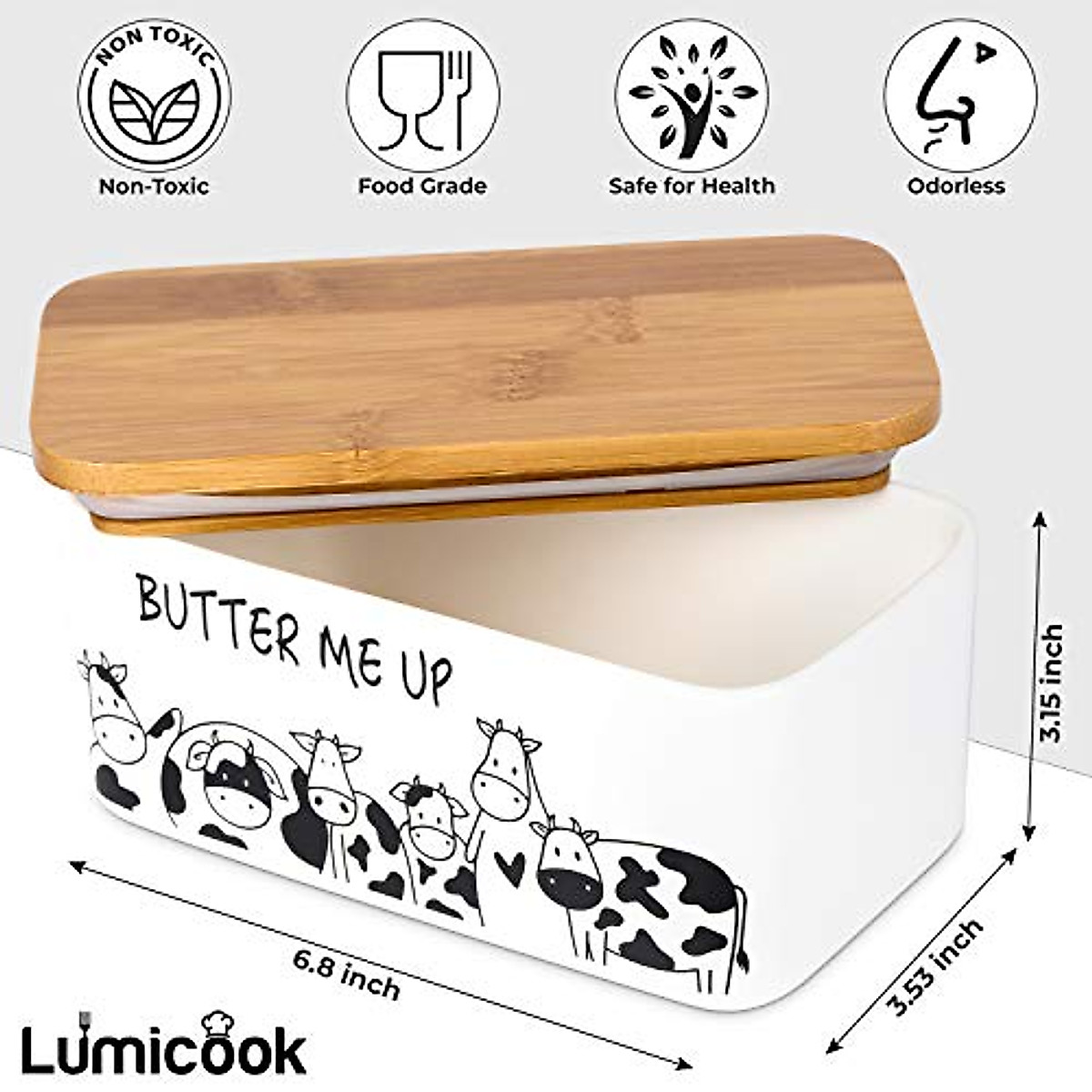 Lumicook porcelain butter dish with lid, Natural bamboo lid, seal included for airtight butter dish, butter holder easily fits 2 sticks of butter (White)