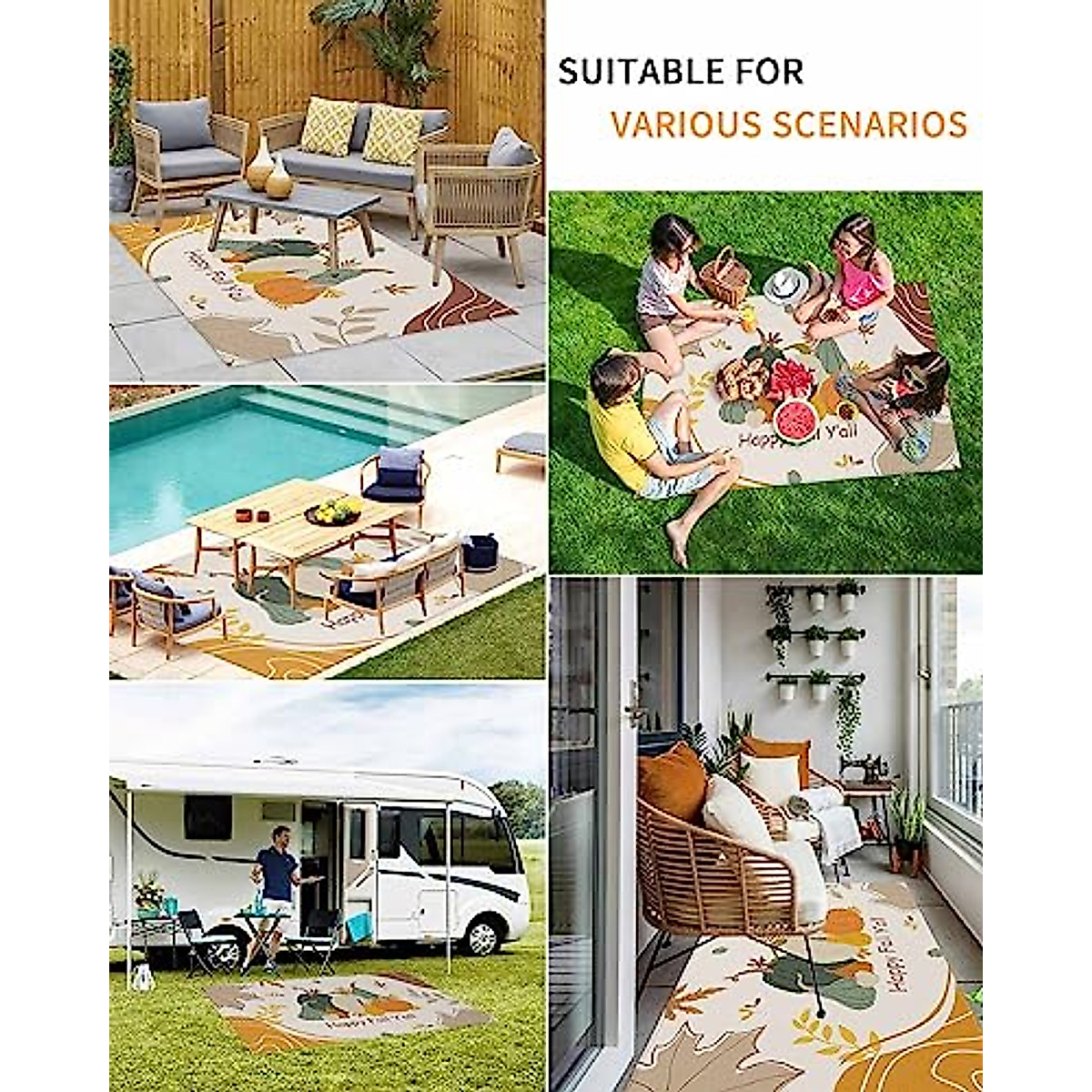 Fall Thanksgiving Outdoor Rug for Patio, Large Floor Mat Happy Y'all Boho Style Pumpkin Non Slip Area Rug Rubber Backing Quick Dry Clearance Carpet for Camping Rugs, Garden, Lawn, Deck, Porch, 6' x 9'