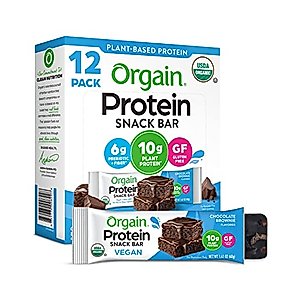 Orgain Organic Plant Based Protein Bar, Chocolate Brownie - 10g of Protein, Vegan, Gluten Free, Dairy Free, Soy Free, Lactose Free, Kosher, Non-GMO, 1.41 Ounce, 12 Count (Packaging May Vary)