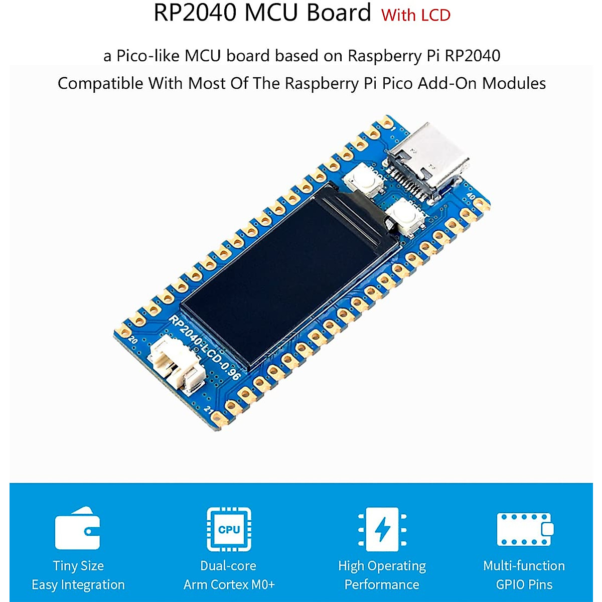 waveshare RP2040 MCU Board with Pre-Soldered Header, Onboard 0.96inch 160x80 IPS LCD Display, Pico-Like MCU Board Based on Raspberry Pi RP2040, Dual-Core Arm Cortex M0+ Processor