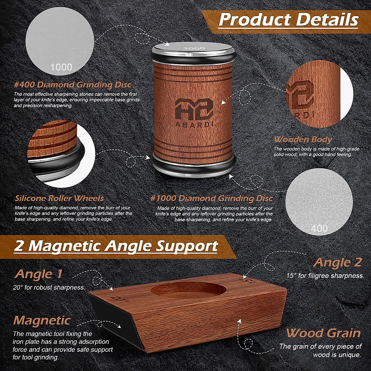 Abardi Rolling Knife Sharpener for Straight Edge, Knife Sharpener with Industry Diamonds for Steel of Any Hardness, Knife Sharpener Kit with 15 & 20 Degree Magnetic Angle for Kitchen Knives