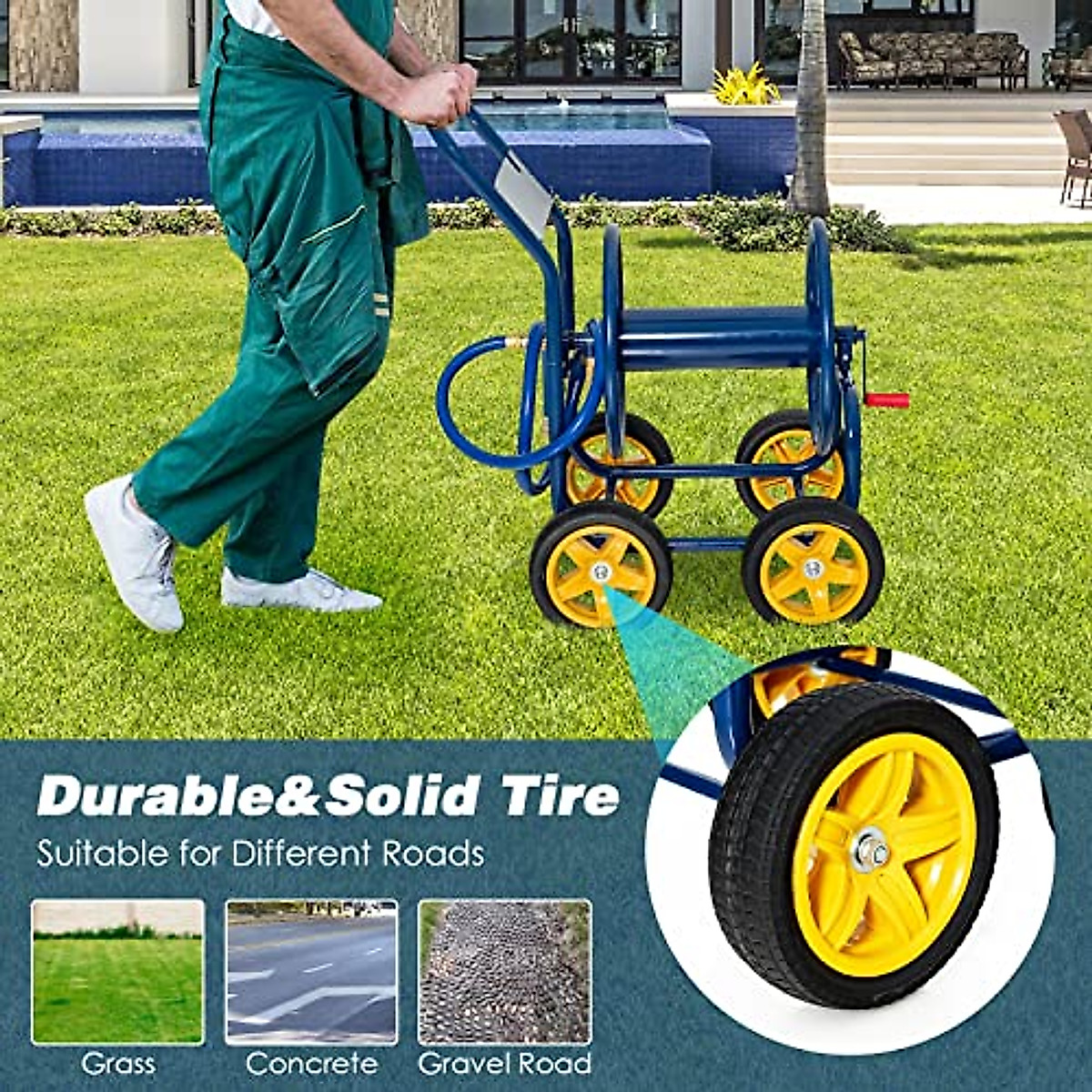 Goplus Garden Hose Reel Cart, Heavy Duty Water Planting Cart w/Non-slip Crank Handle, 4 Solid Wheels, Outdoor Hose Reel Holds 330 FT of 3/4", 5/8” & 400 FT of 1/2" Hose for Garden Yard Lawn Farm
