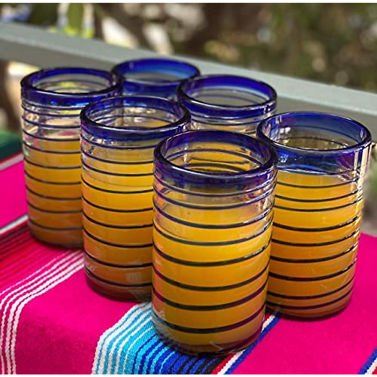 Hand Blown Mexican Drinking Glasses – Set of 6 Glasses with Cobalt Blue Spiral Design (14 oz each)
