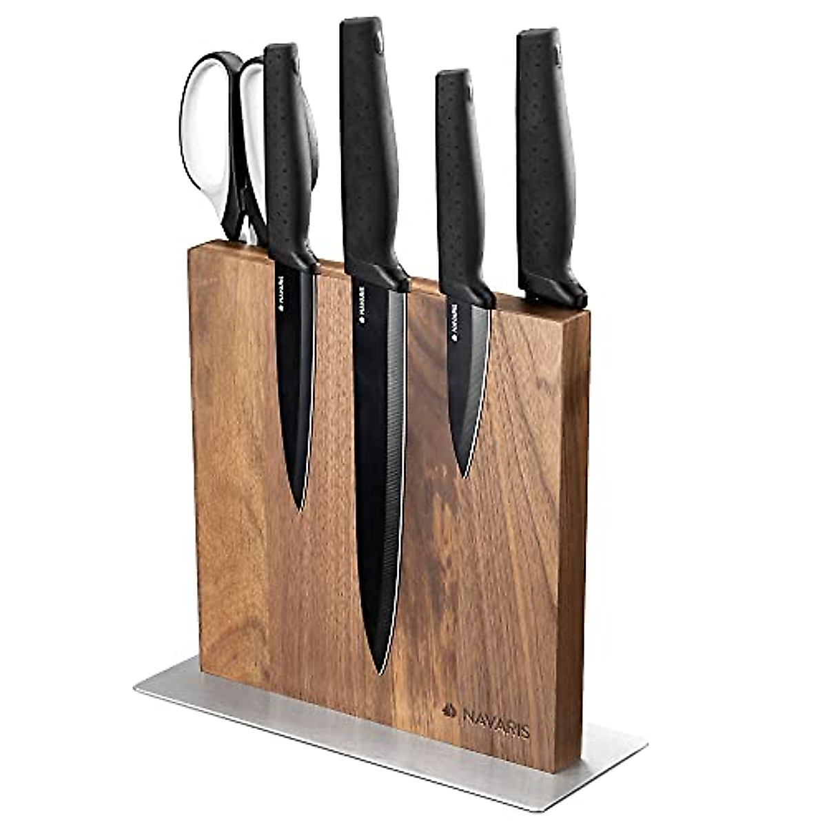 Navaris Wood Magnetic Knife Block - Double Sided Wooden Magnet Holder Board Stand for Kitchen Knives, Scissors, Metal Utensils - Walnut, 8.9 x 8.7 in