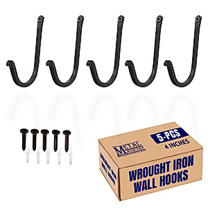 The Metal Magician Single Prong Wrought Iron Hooks, Vintage Hand Forged Iron Classic Hook Set – Rustic Curved Metal Fasteners – Decorative Colonial Wall Décor (Set of 5)