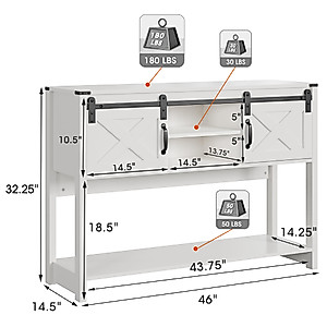 RoyalCraft Farmhouse Entryway Table with Storage, 46" Console Table with Sliding Barn Door, Wood Rustic Sofa Table with Adjustable Shelf for Hallway, Living Room, Foyer, White