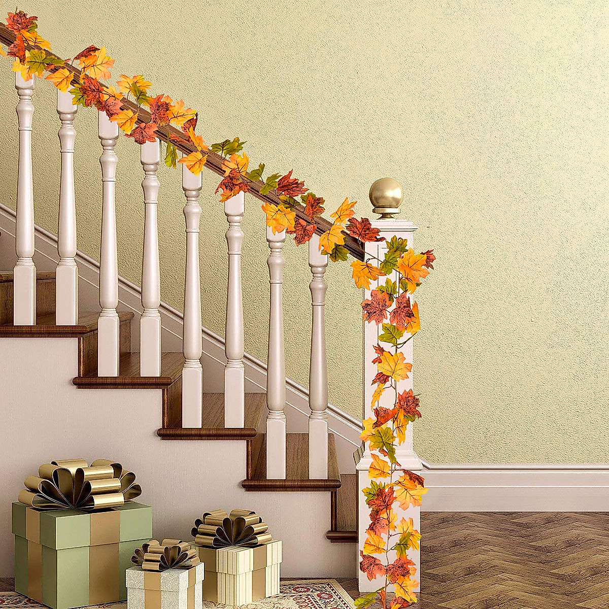 Artiflr 2 Pack Fall Maple Leaf Garland Artificial Maple Garland, Autumn Hanging Fall Leave Vines for Indoor Outdoor Wedding Thanksgiving Dinner Party Decor