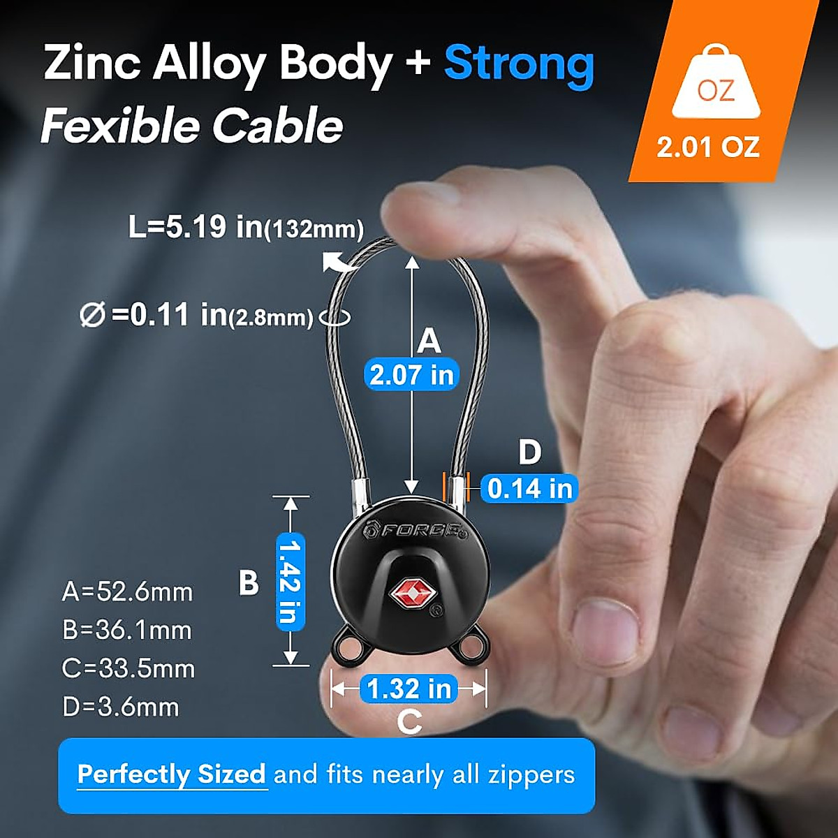 Forge TSA Approved Luggage Locks Ultra-Secure Dimple TSA006 Key Travel Locks with Zinc Alloy Body- Black 2 Cable Locks