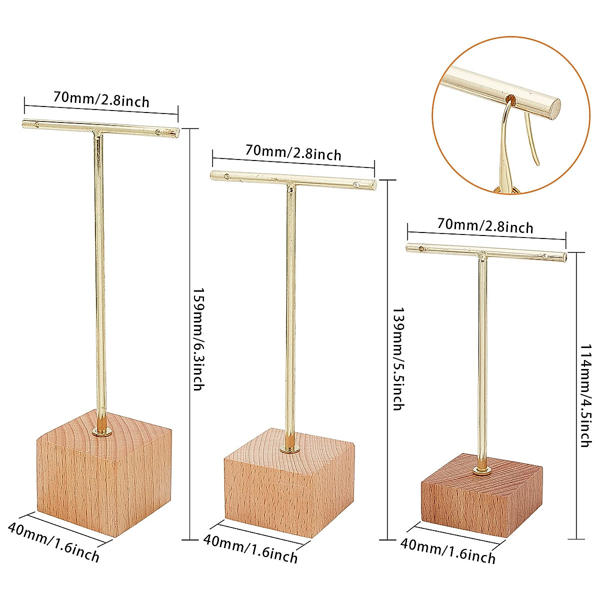 FINGERINSPIRE 3 Pcs Gold Metal T Bar Earring Display Stand 6.3/5.5/4.5 Inch Height Jewelry Stand with Wooden Square Base Earring Hanging Holders Jewelry Organizer for Store Retail Photography Props