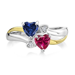 Gem Stone King 925 Silver and 10K Yellow Gold Blue Created Sapphire and Red Created Ruby and White Lab Grown Diamond Ring For Women (1.12 Cttw, September Birthstone, Heart Shape 5MM, Size 8)