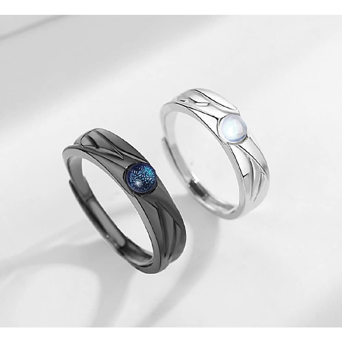 Awmnjtmgpw 925 Sterling Silver Retro Glazed Moonstone Ring Angel and Devil Couple Ring Black (Black)