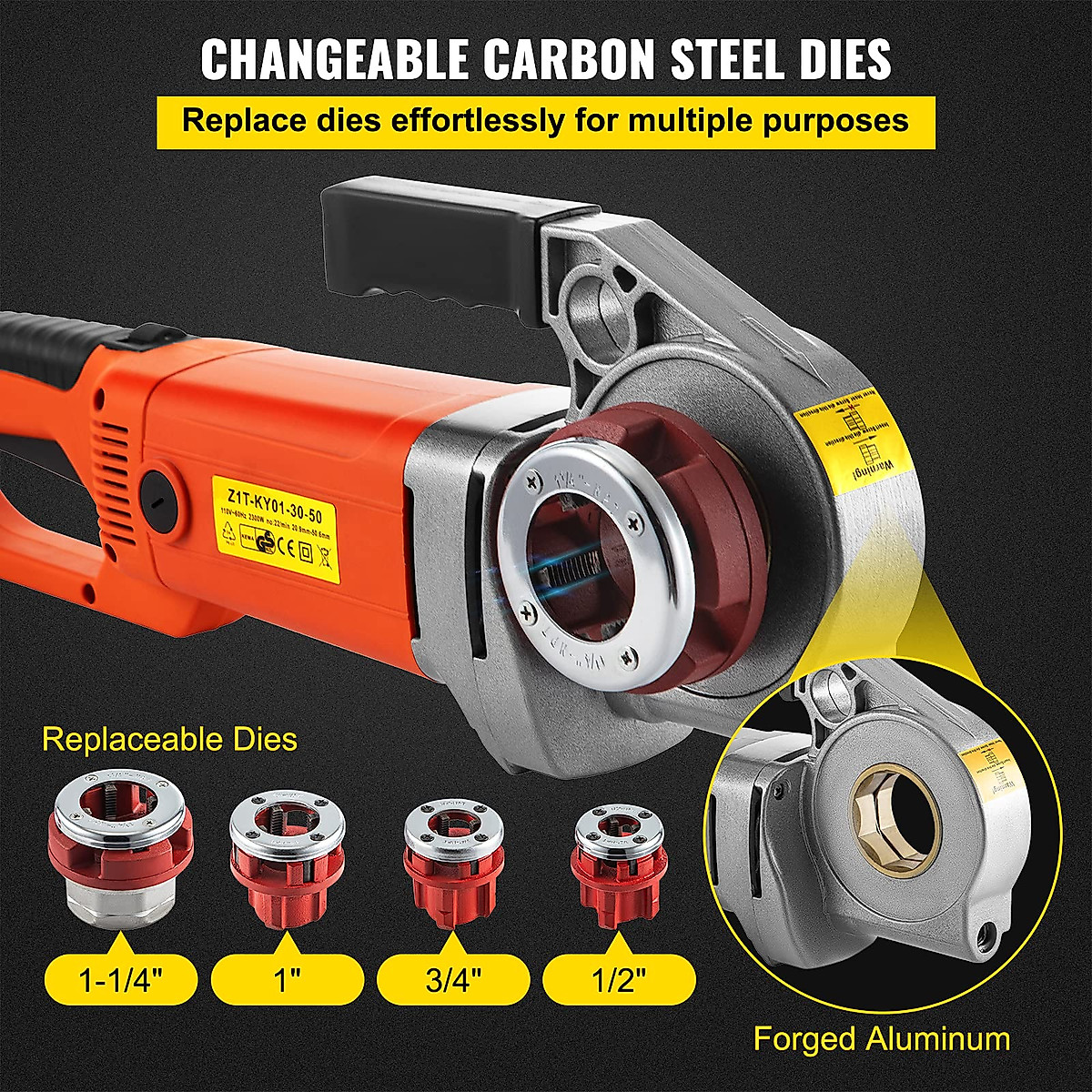 VEVOR Electric Pipe Threader, 2300W Pipe Threading Machine, Heavy-Duty Hand-Held Power Drive Kit, 110V Pipe Threader Machine Copper Motor, Portable Pipe Threader with 6 Dies 1/2"-2" and Carrying Case