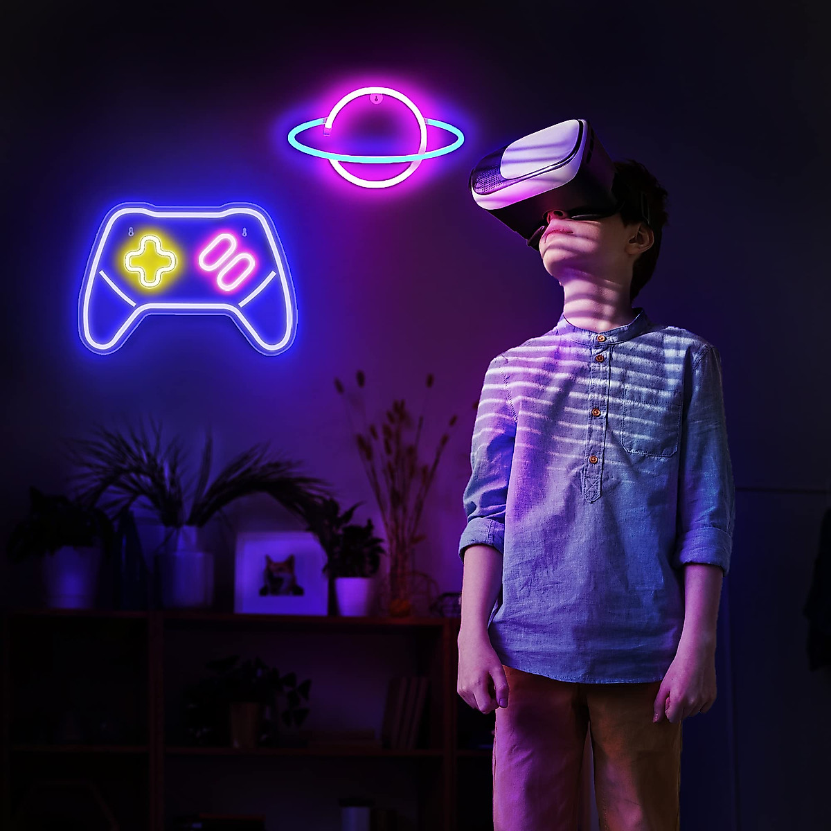 Lumoonosity Blue Pink Planet Neon Sign Blue Controller Gaming Light