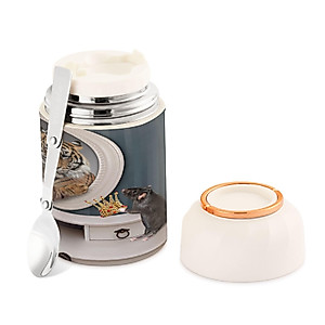 CUPADA Biege Cat Tiger Food Jar, Cute Animals Crown Insulated Hot Food Jars Vacuum 17OZ with Folding Spoon for Work Trip Picnic Camping