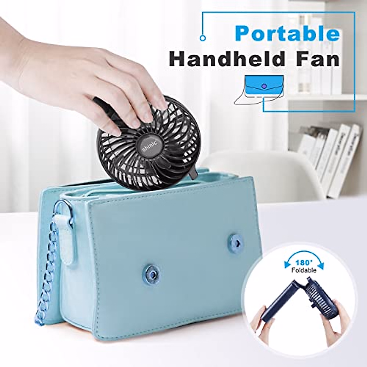 shinic Portable Handheld Fans 5200mAh, Rechargeable Personal Hand Fan with Power Bank, 5-20 Hrs Work Time, 3 Levels Strong Wind, 180° Foldable, Rechargeable Fan Portable for Outdoor Camping Travel