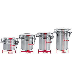 Food Storage Container Set, 4 Sizes Stainless Steel Kitchen Food Storage Container Bottle with Clear Lids for Tea Coffee Sugar Flour Baking Dry Storage, Metal Pantry(34x20x24cm / 13.4x7.9x9.4in)