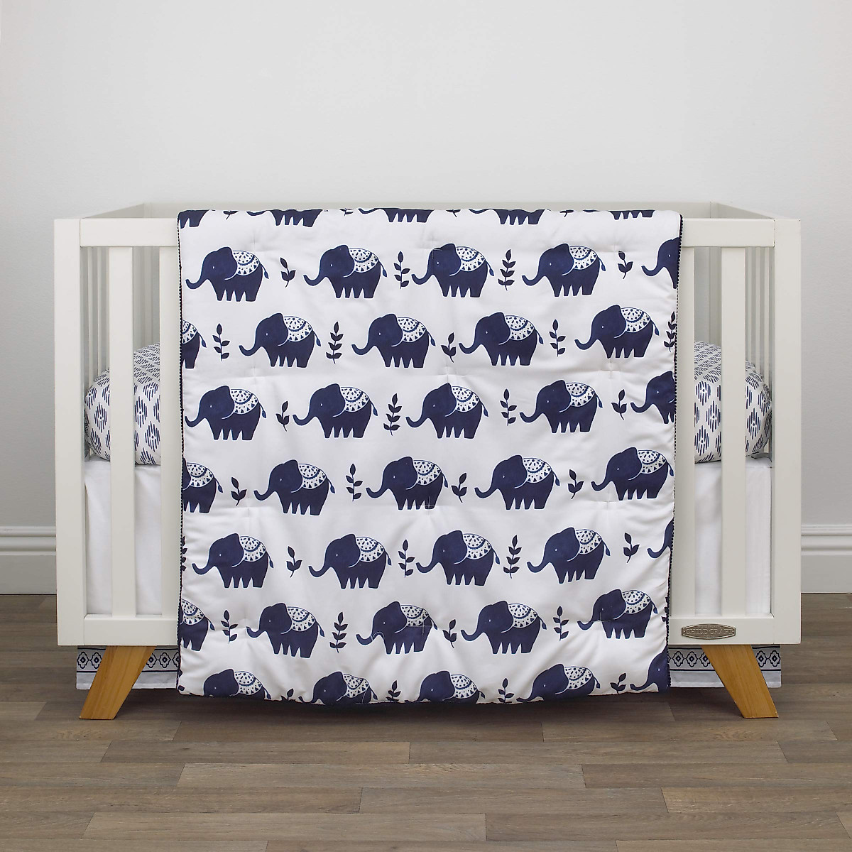 NoJo Indigo Hues Blue and White Elephant 4 Piece Nursery Crib Bedding Set - Comforter, 100% Cotton Fitted Crib Sheet, Dust Ruffle, Super Soft Baby Blanket
