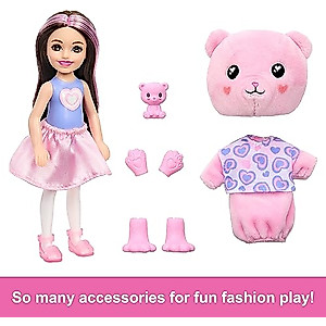 Barbie Chelsea Cutie Reveal Small Doll & Accessories, Brunette with Teddy Bear Costume, 6 Surprises (Styles May Vary)