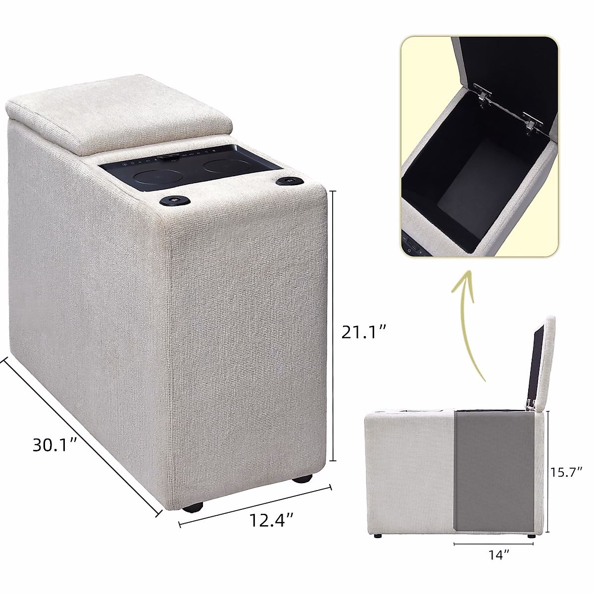 beyond SMART End Table with Audio,Upholstered Console, Modular Console with Cup Holder&Wireless Charging, Power Console Sofa Table, Almond