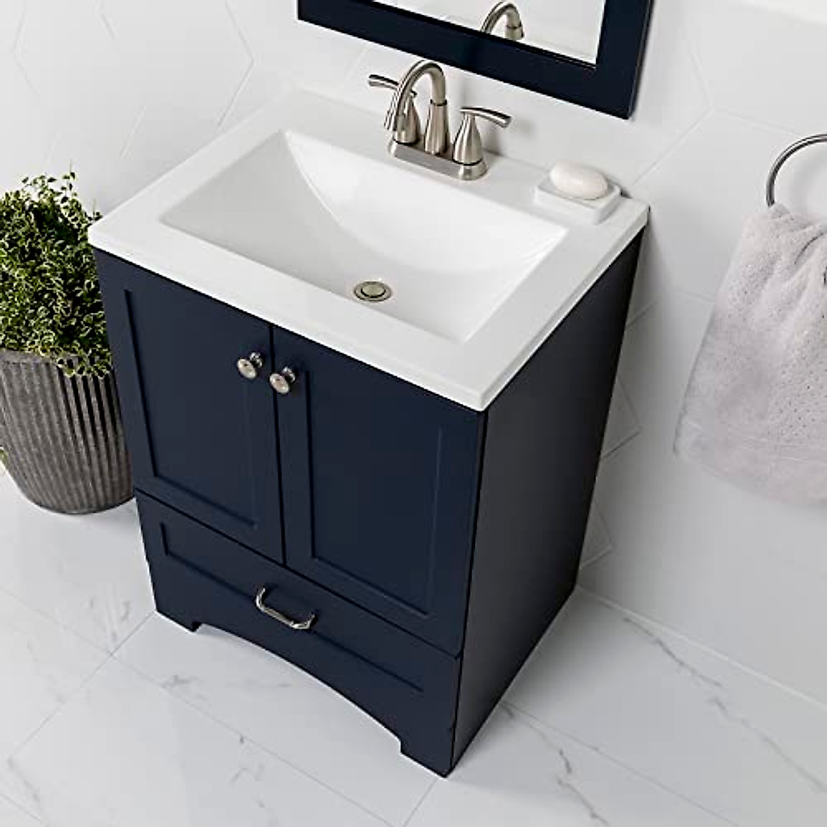 Spring Mill Cabinets Emlyn 24 Inch Bathroom Vanity with White Single Sink Top, 2-Door Cabinet, 1 Drawer, 24.5" W x 18.75" D x 32.89" H, Deep Blue