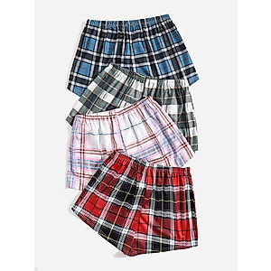 Verdusa Women's 4pack Elastic Waist Plaid Pajama Bottom Loungewear Sleep Short Blue Green Red Pink M