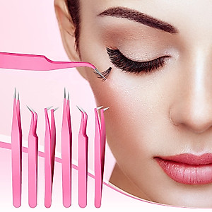 6-Pack Eyelash Extension Tweezers, Stainless Steel Straight Curved Tip Tweezers Single Eyelash False Eyelash Application Tools(Pink)