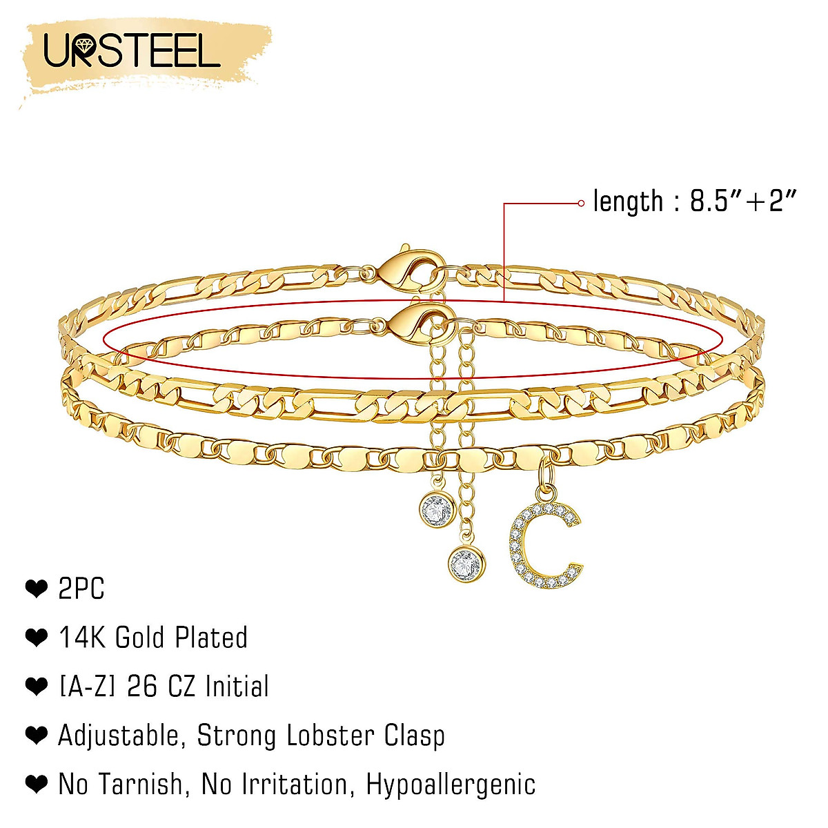 Ursteel Ankle Bracelets for Women, C Initial Anklet 14K Gold Plated Dainty Adjustable Layered Chain CZ Letter C Initial Anklets Set Summer Jewelry Gifts Anklets for Women