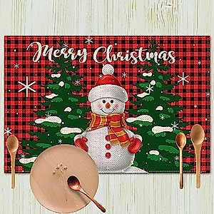 Red and Green Buffalo Plaid Santa Claus, Truck, Snowman Merry Christmas Placemats Set of 6, 12x18 Inch Winter Table Mats for Party Kitchen Dining Decoration (A)