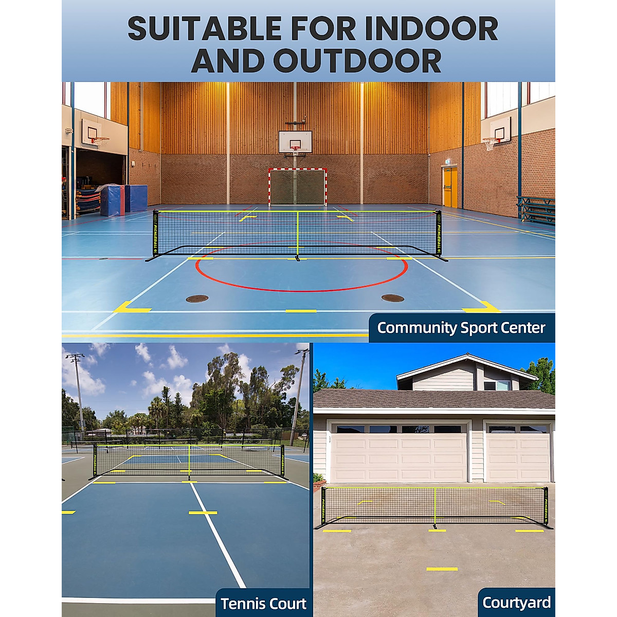 Bltend Pickleball Set - 22FT Regulation Size Portable Net, 4 Pickle Balls, Court Marker, Carry Bag and Tape Measure - Indoor Outdoor Driveway Gifts