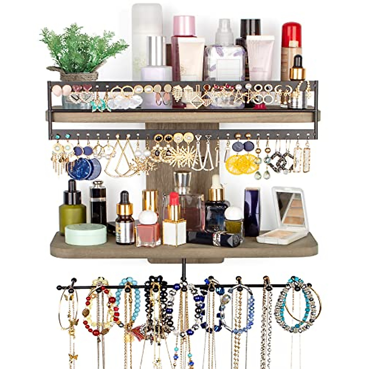 SOLIMINTR Jewelry Organizer Wall Mounted Skincare Product Organizer with Rod Rustic Wood Hanging Storage Shelves Rack Double-layer Holder Display for Necklaces Earrings Bracelet Ring Weathered Grey
