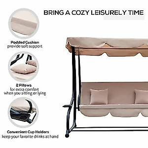 Outdoor 3-Person Patio Porch Swing Hammock Bench with Adjustable Canopy Beige
