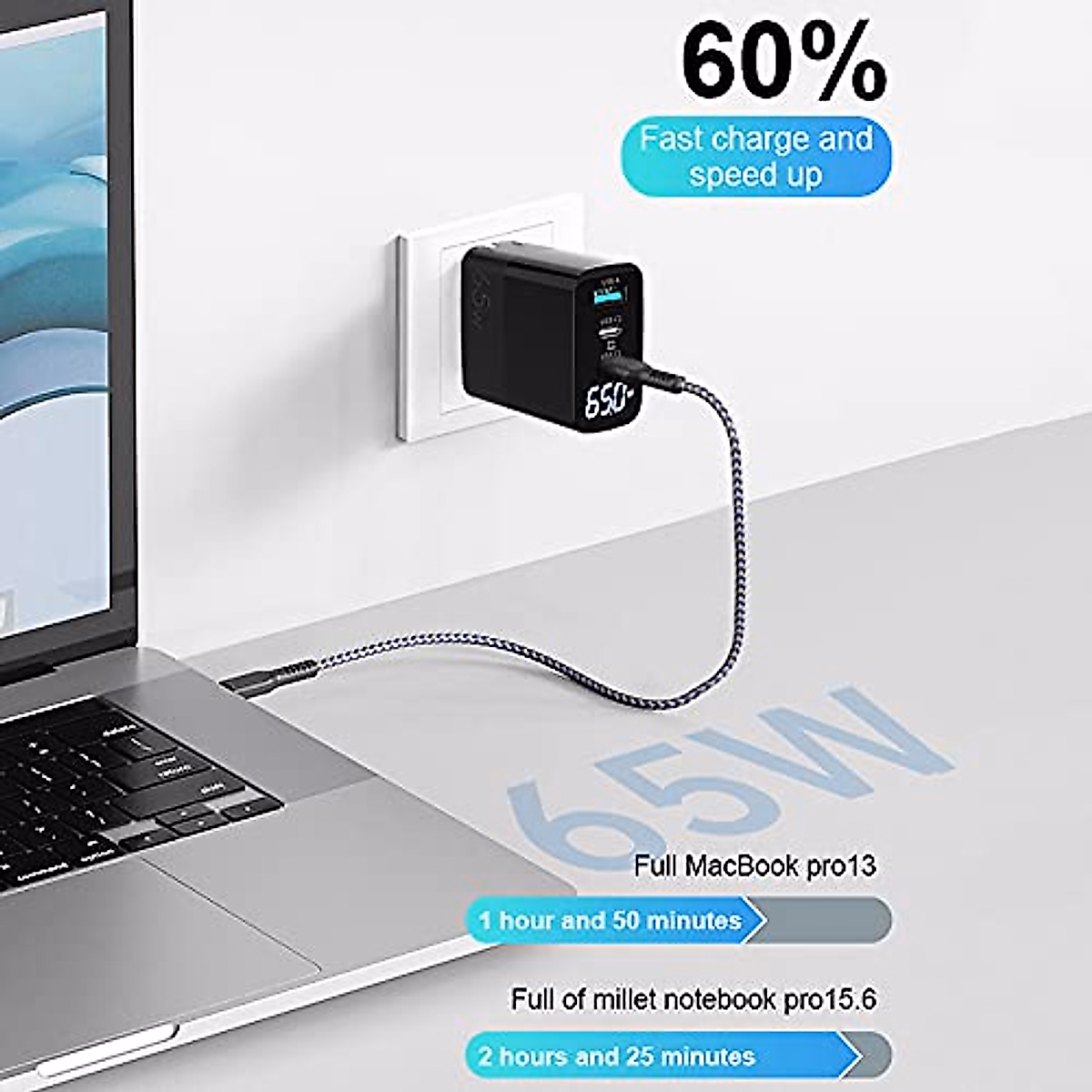 URVNS GaN 65W USB C Charger, Power Display 3 Ports Fast PD Wall Adapter, Foldable US Plug Travel Charger for iPhone 14 13 12 Pro Max Mini MacBook Laptop iPad and More