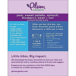 Plum Organics | Super Smoothie | Organic Baby Food Meals | Pear, Sweet Potato, Spinach, Blueberry, Beans & Oats | 4 Ounce Pouch (24 Total Pouches) Packaging May Vary