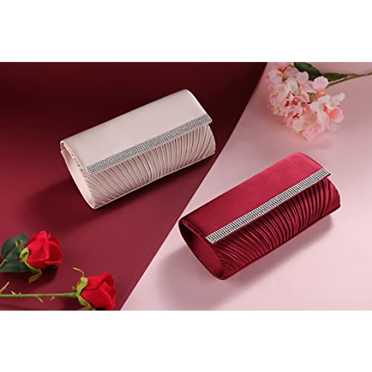 ERIJUNOR E660 Classic Pleated Satin Evening Bags Rhinestone Clutch Purses Party Prom Wedding Crossbody Handbags For Women Burgundy