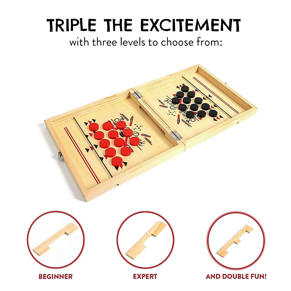 LARGE 4 in 1 Chess Board Set, Sling Puck Game, Checkers, Tic Tac Toe - Wooden Hockey, Table Games for Family Games, Kids, Adults - 59 pc. Set Super Board Games Fast Sling Hockey Table Game