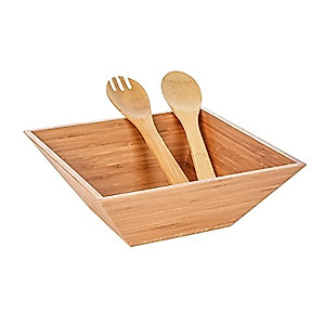 Heim Concept Bamboo Salad Bowl 4 PC Set w/Serving Hands, 2 square bowls & pair salad servers Eco-Friendly BPA Free