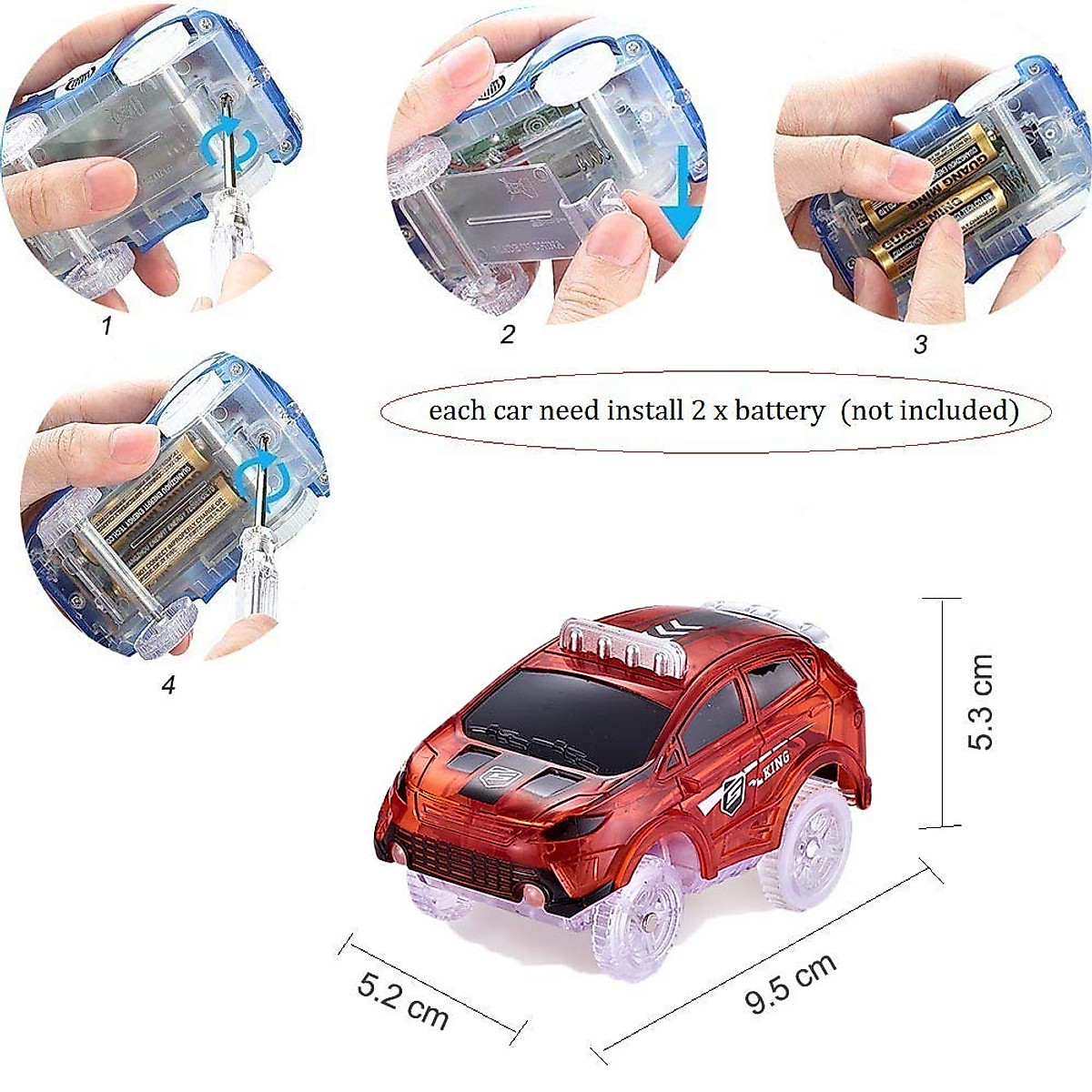 QUOXO 4 Pack Tracks Cars Replacement ONLY, Glow in The Dark Racing Car Track Accessories for Kids Boys and Girls