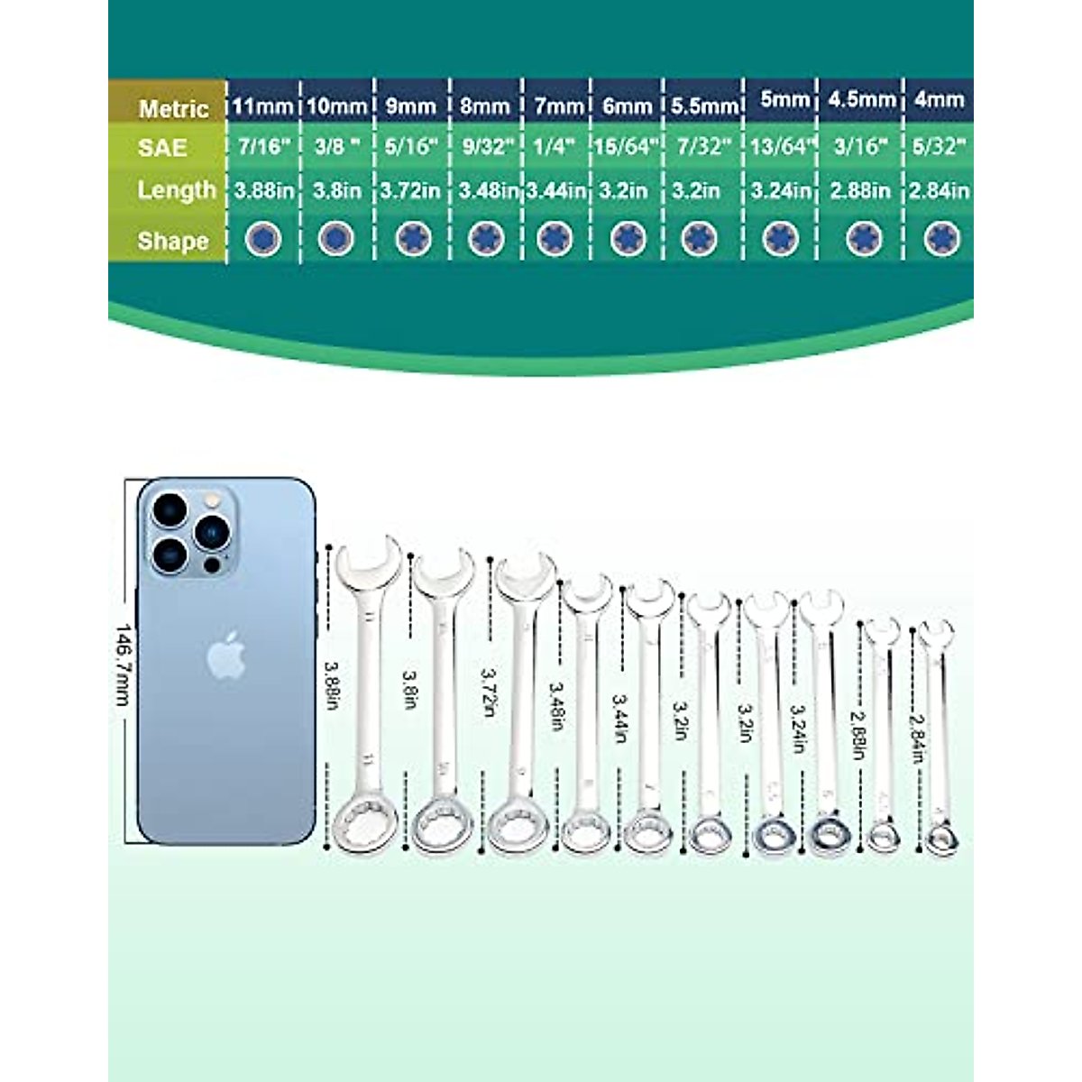 VICRING Small Wrench Set 20 Pcs Mini Wrench Set Metric SAE Ignition Wrench Set Open and Box End Wrench Set Combination Wrench Sets with Storage Pouches and Key Chains, 4mm-11mm & 5/32"-7/16" (Silver)