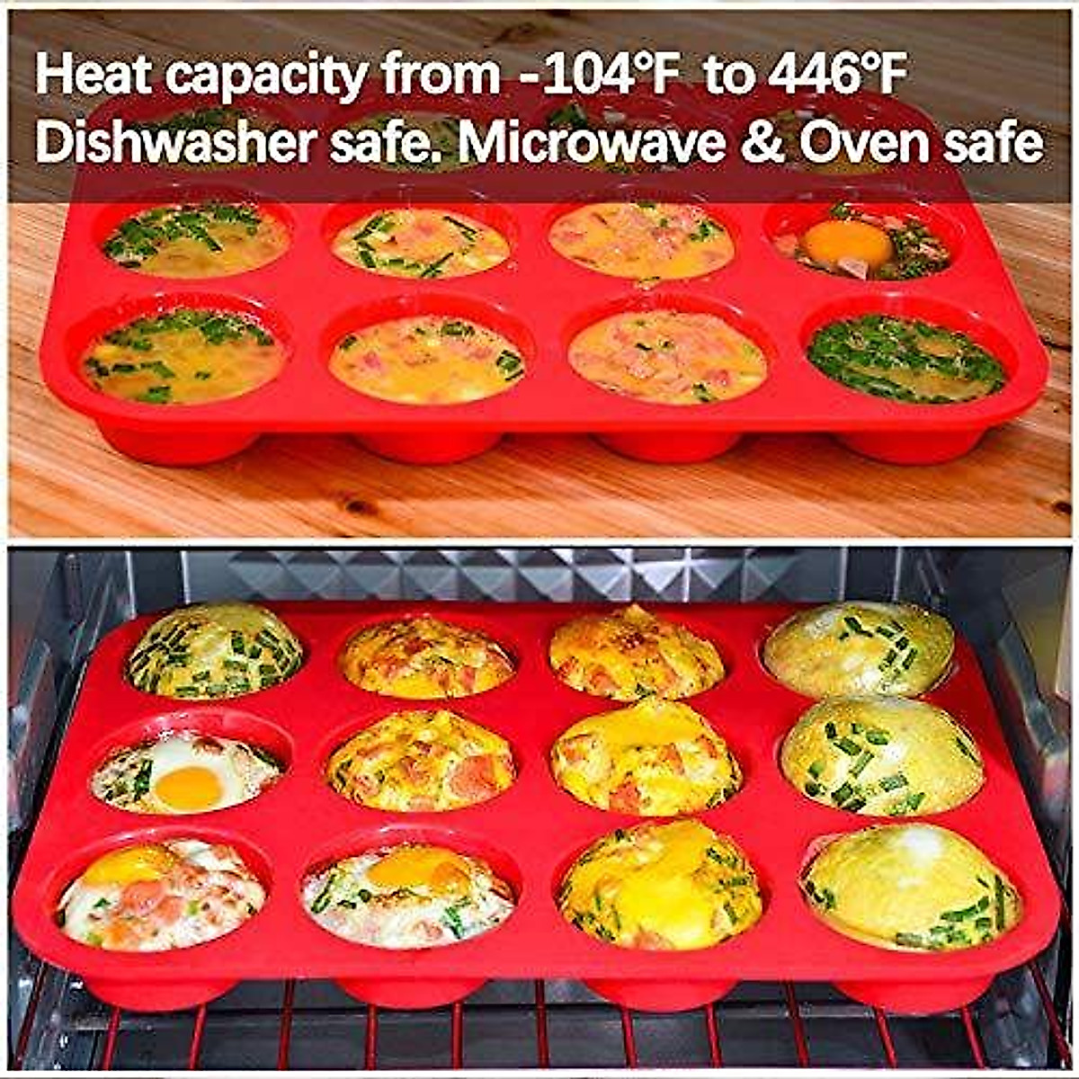 Muffin Pans Nonstick 12 Large and 24 Mini Cups Silicone with Cupcake Liners Brush Spatula Set Reusable Baking Molds for Toaster Oven (Red-12 Cups+24 Cups)