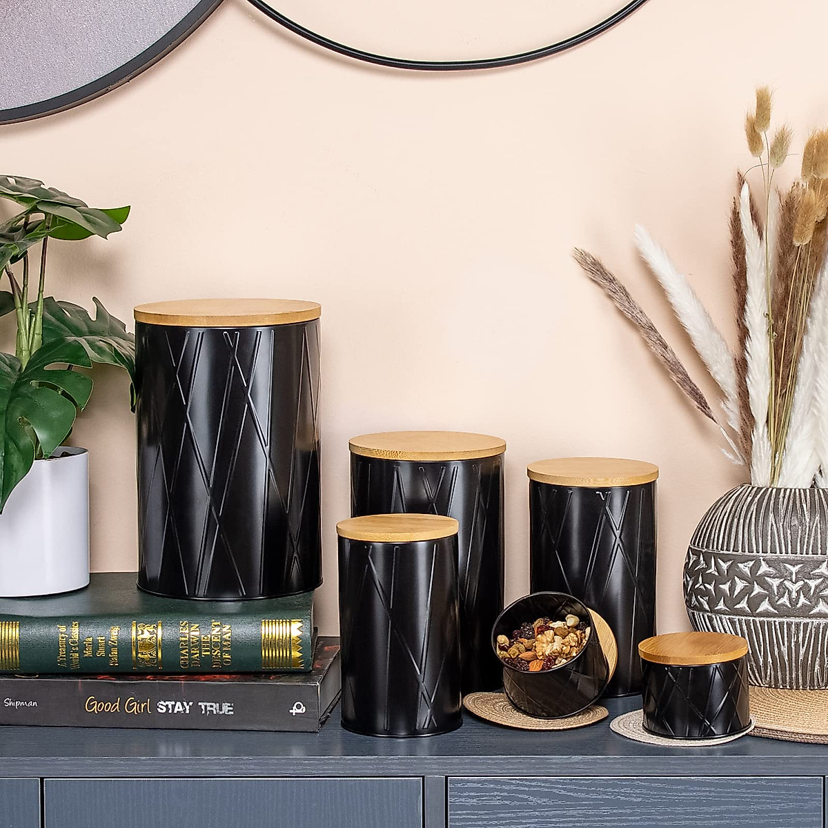 FavorFlavor Black Canister Sets for Kitchen Counter, Kitchen Canisters Set of 6, Flour and Sugar Containers, Coffee and Tea Storage, Modern Farmhouse Kitchen Decor