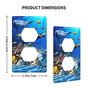 Ocean Dolphin 1 Gang Electrical Outlet Cover Single Duplex Socket Plug Receptacle Wallplate Marine Life Kids Boys Bedroom Nursery Aquarium Decor Decorative Blue Fish Sea Ceatures Faceplate