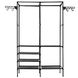 KOCASO Clothes Garment Rack 42.1"x14"x66.1", Metal Clothing Rack, Freestanding Wardrobe Closet Rack with 4 Shelves, Closet Organizer with 2 Hanging Rods Black